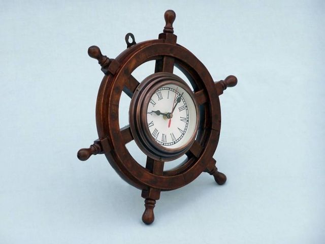 Deluxe Class Wood and Antique Copper Ship Steering Wheel Clock 12 ...